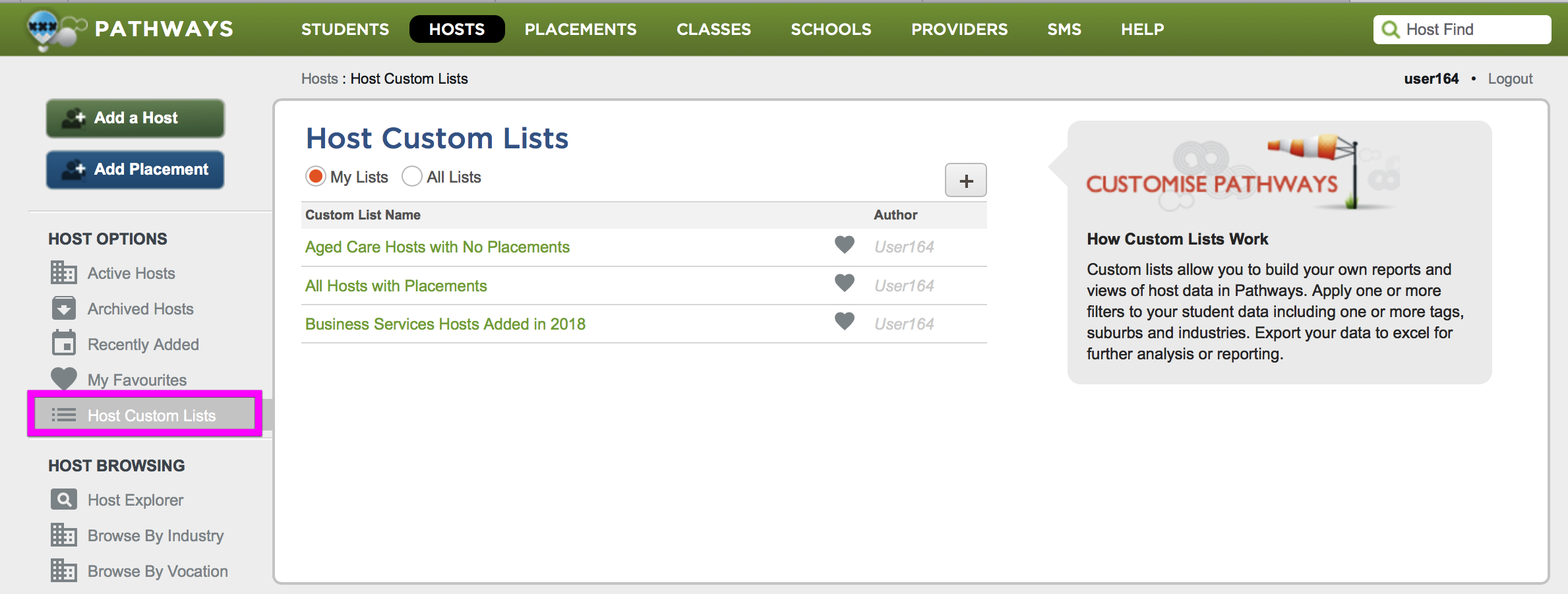 Host Custom Lists – Pathways